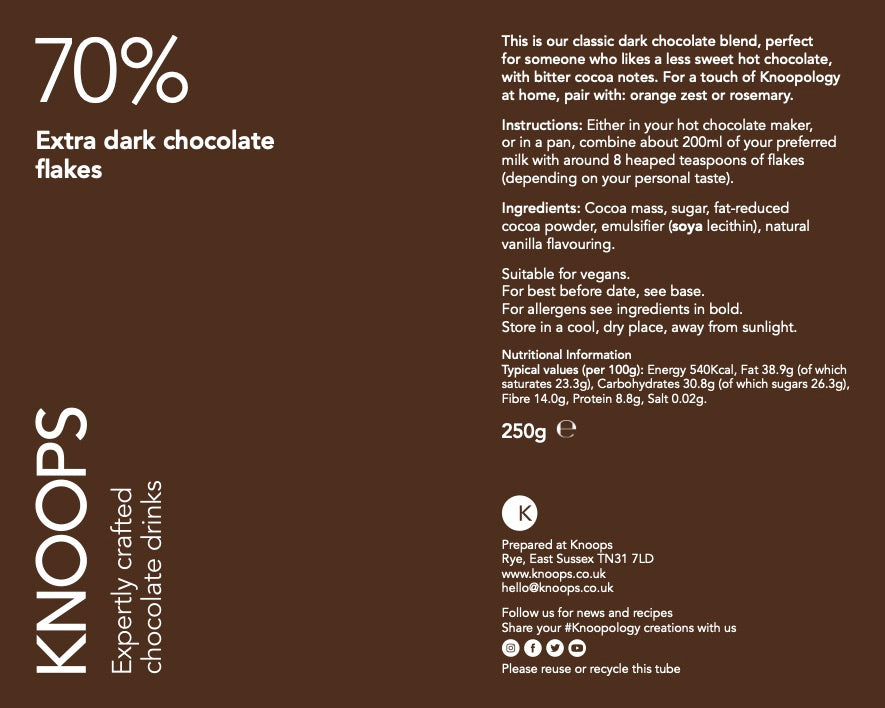 70% Extra Dark Hot Chocolate Flakes - Knoops - Knoops UK